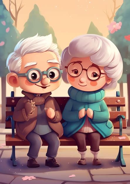 Premium Photo A Cartoon Of An Old Couple Sitting On A Bench With The