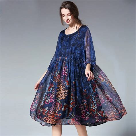 2019 플러스 사이즈 플로랄 프린트 여성 쉬폰 플리츠 드레스 O 넥 패션 디자인 임산부 빅 사이즈 루즈 캐주얼 드레스드레스 Aliexpress