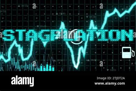 animation of stagflation text in blue over graph and charts processing