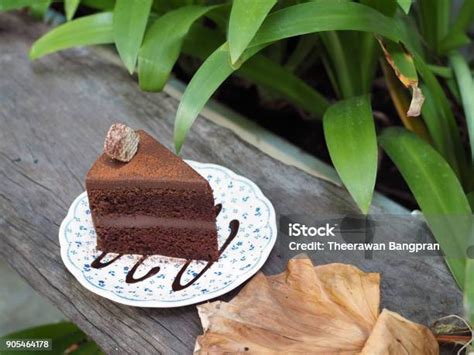 코코아 파우더 웨이퍼와 초콜릿 소스 장식 초콜릿 퍼지 케이크의 조각 목조 보드에서 흰색 접시에 제공 됩니다 0명에 대한 스톡 사진 및 기타 이미지 Istock