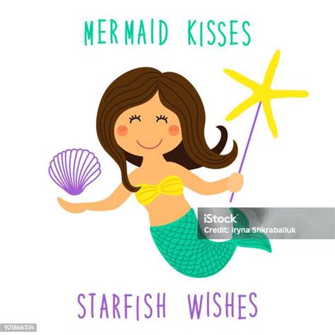 귀여운 어린 손으로 그린 바다 불가사리 껍질과 레터링 견적으로 작은 인 어의 만화 캐릭터 개체 그룹에 대한 스톡 벡터 아트 및 기타 이미지 개체 그룹 공주 귀여운