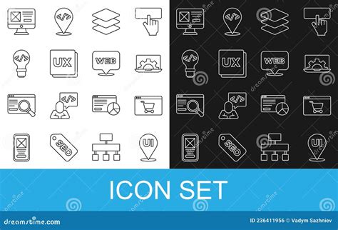 Set Line Ui Or Ux Design Online Shopping On Screen Web Development Layers Front End And And
