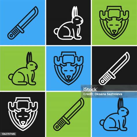 세트 라인 헌터 나이프 방패와 토끼 아이콘에 무스 머리 벡터 가정 생활에 대한 스톡 벡터 아트 및 기타 이미지 가정 생활 강철 공휴일 Istock