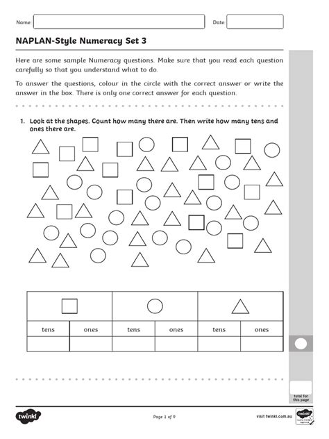 Naplan Style Numeracy Year 3 Example Test Set 3 Pdf Area Geometry
