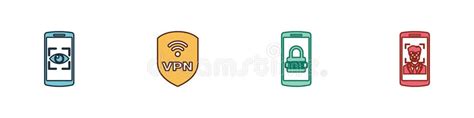 Set Mobile And Eye Scan Shield With Vpn Wireless Password And Face Recognition Icon Vector