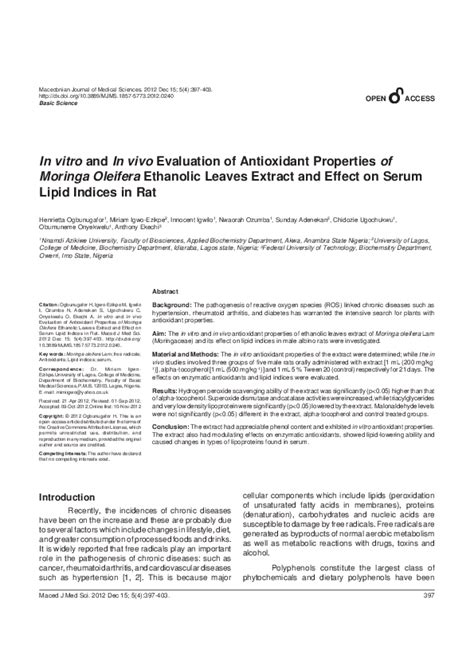 Pdf In Vitro And In Vivo Evaluation Of Antioxidant Properties Of Moringa Oleifera Ethanolic