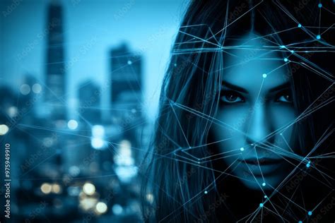 Woman With Blue Digital Mesh Overlay On Her Face With A Futuristic Cityscape Intersection Of