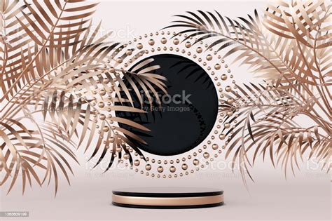 골든 3d 포디움 받침대 추상적인 야자수 잎 브랜드 프로모션 제품을 위한 연단 단계가 있는 기하학적 스튜디오 오라에 대한 스톡 사진 및 기타 이미지 Istock