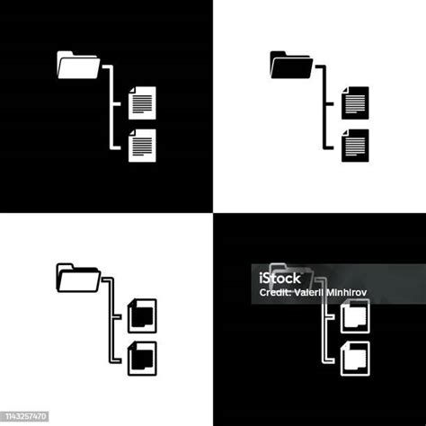 흑백 배경에 고립 된 폴더 트리 아이콘을 설정 합니다 컴퓨터 네트워크 파일 폴더 구성 순서도 선 개요 및 선형 아이콘입니다 벡터