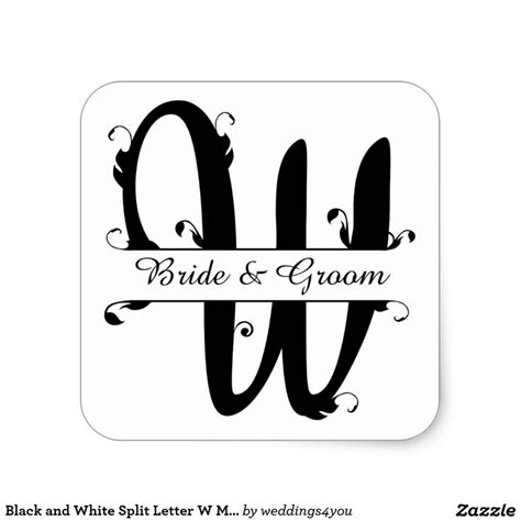 Black And White Split Letter W Monogram Square Sticker Monogram