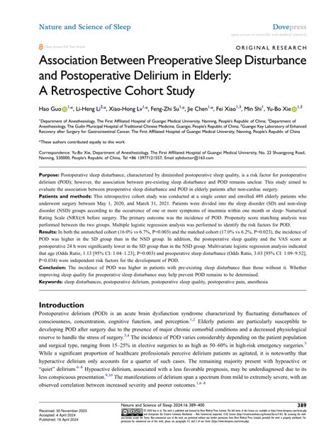 Pdf Association Between Preoperative Sleep Disturbance And Postoperative Delirium In Elderly