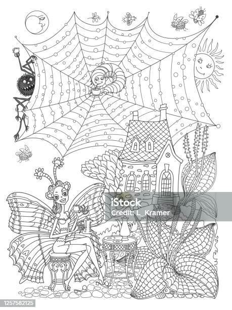 동화 나비 여자 애벌레와 거미 집과 거위 잔디 근처 아침 커피를 마시는 선형 윤곽 낙서 스케치 티셔츠 프린트 성인 색칠 공부 페이지 커피 메뉴 브로셔 커버 0명에 대한 스톡