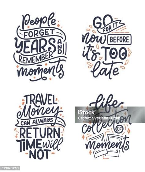여행과 좋은 순간에 대한 라이프 스타일 영감 따옴표로 설정 포스터와 인쇄를위한 손으로 그린 글자 슬로건 동기 부여 타이포그래피 서예 그래픽 디자인 요소 벡터 가방에 대한