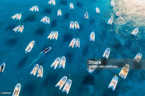여름에 해질녘에 푸른 바다에 있는 많은 모터보트의 공중 전망 이탈리아 사르데냐 여행 스피드 보트 요트 바다 투명한 푸른 물 위에서 드론 보기 열대 바다 풍경 바다에 대한