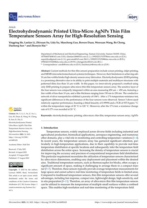 Pdf Electrohydrodynamic Printed Ultra Micro Agnps Thin Film Temperature Sensors Array For High