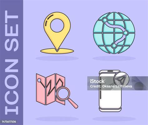 도시지도 탐색 지도 핀 위치 마커가있는 접힌지도 및 지구본 아이콘의 위치의 인포 그래픽을 설정합니다 벡터 0명에 대한 스톡 벡터