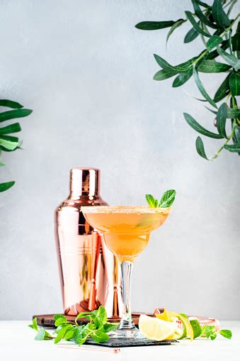 코냑 시럽 레몬 주스 민트 얼음을 곁들인 프렌치 다이키리 알콜릭 칵테일을 유리에 담아 흑설탕 테두리로 장식했습니다 회색 배경 바 도구 칵테일 쉐이커에 대한 스톡 사진 및