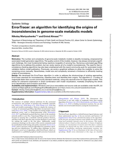 Pdf Errortracer An Algorithm For Identifying The Origins Of Inconsistencies In Genome Scale