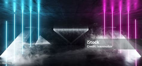 연기 안개 추상 네온 빛 복고풍 현대 미래 공상 과학 Fi 외계인 우주 배 클럽 무대 빛나는 보라색 블루 형광 레이저 조명 그런 지 콘크리트 지하철 복도 터널 복도 입구