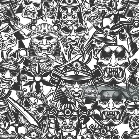 모노크롬 스타일의 사무라이 마스크가 돋보이는 매끄러운 패턴 포스터 카드 배너를 위한 디자인 요소입니다 벡터 일러스트레이션 일본에 대한 스톡 벡터 아트 및 기타 이미지