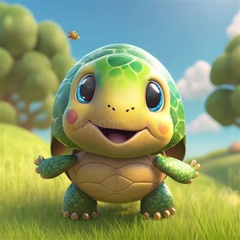 Kawaii Cute Smiling Turtle In The Grass Stock Illustration