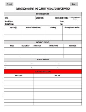 Emergency Contact And Medication Form Blank Fillable Template Fill