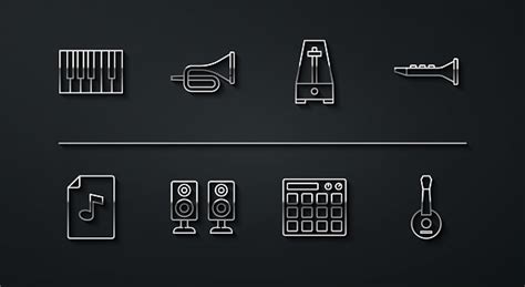 세트 라인 그랜드 피아노 노트와 음악 책 클라리넷 드럼 기계 스테레오 스피커 트럼펫 밴조와 메트로놈 진자 아이콘 벡터 0명에 대한 스톡 벡터 아트 및 기타 이미지 Istock