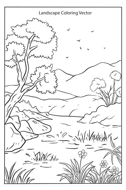 풍경과 나무 산이 있는 색칠 페이지 프리미엄 벡터