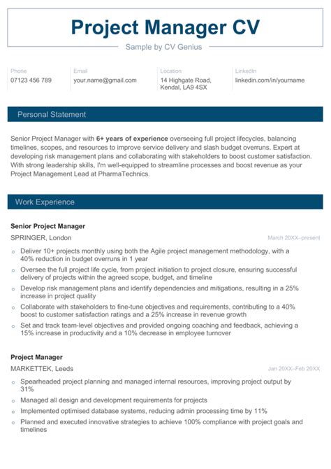 Project Manager CV Examples Template Tips For 2025