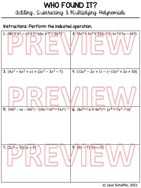 Adding Subtracting And Multiplying Polynomials Clue Mystery Activity