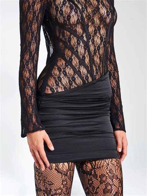 Beautiful Black Lace Satin Long Sleeve Mini Dress