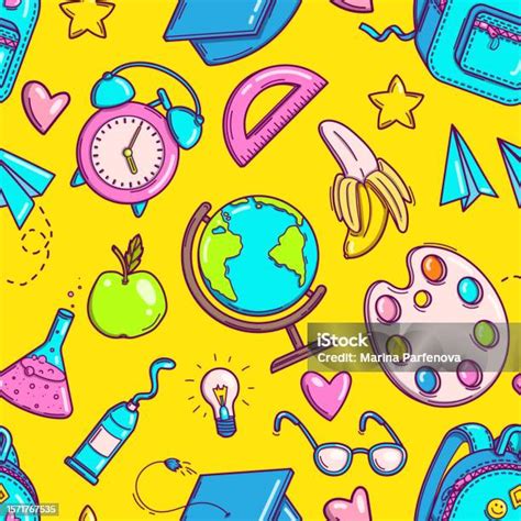 노란색 배경에 낙서 스타일의 학용품과 창의적인 요소가 있는 밝고 매끄러운 패턴 학교 배경으로 돌아 가기 디지털 생성 이미지에 대한 스톡 벡터 아트 및 기타 이미지 Istock