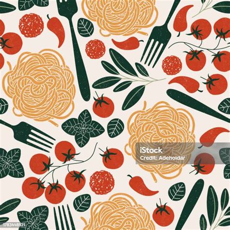 이탈리안 파스타 재료 완벽 한 패턴입니다 스파게티와 토마토 배경입니다 음식 질감 구성 벡터 일러스트 레이 션입니다 스파게티에 대한 스톡 벡터 아트 및 기타 이미지 Istock