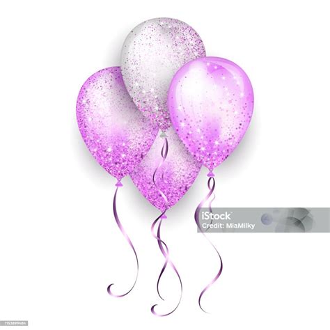 반짝이는 흰색과 보라색 반짝 현실적인 3d 헬륨 풍선 골드 리본과 반짝이 반짝임 생일 파티 브로셔 초대장 카드 또는 베이비 샤워를 위한 완벽 한 장식 고무에 대한 스톡 벡터