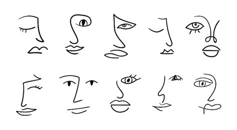다양한 추상적 인 손으로 그린 얼굴의 집합입니다 여성과 남성의 얼굴이 있는 모던 한 줄 드로잉 컬렉션 미니멀 한 스타일의 초상화