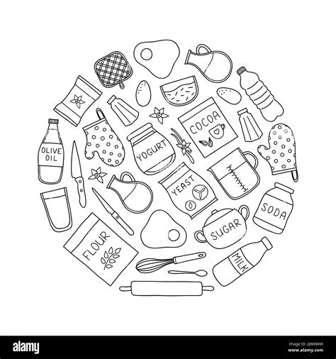 Doodle Outline Cooking Baking Ingredients Composed In Circle Shape