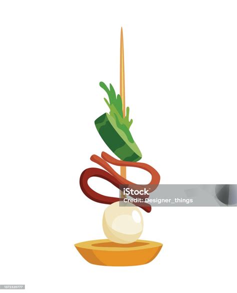 토핑과 전채의 카나페 파티를 위한 간식 나무 막대기에 차가운 음식 뷔페에 대한 카나페 흰색 배경에 고립 된 아이콘 미식가