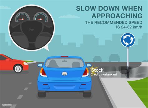 안전 운전 요령 및 교통 규제 규칙 원형 교차로 내부의 우선 순위 원형 교차로에 접근할 때는 속도를 줄이십시오 권장 속도 가까이 옴에 대한 스톡 벡터 아트 및 기타 이미지