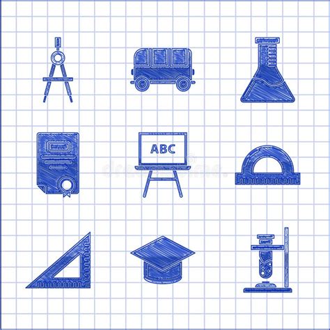 Set Chalkboard Graduation Cap Glass Test Tube Flask Fire Protractor