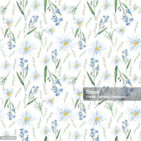 야생화가 있는 매끄러운 수채화 패턴 물망초 흰색 배경에 카모마일 직물 인쇄 선물 포장지 주방 섬유에 사용할 수 있습니다 개화기에 대한 스톡 벡터 아트 및 기타 이미지