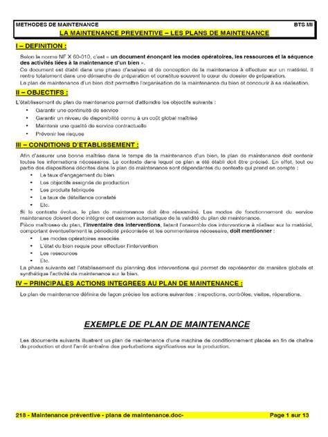 Exemple De Plan De Maintenance Pdf Pdf