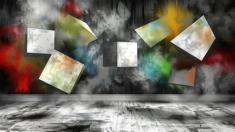 Abstract Scene With Floating Cubes And Colorful Splashes On A Textured
