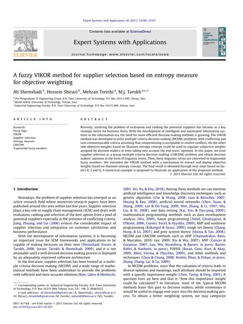 Pdf A Fuzzy Vikor Method For Supplier Selection Based On Entropy