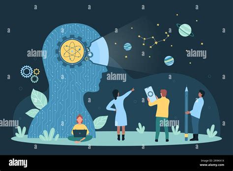 Cartoon Tiny People Work With Smart Ai Brain In Silhouette Of Abstract