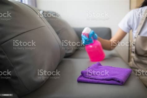 청소 직원은 소파 표면에 세제와 소독제로 천을 닦아 청소 제품으로 소파를 깨끗하게 만들고 거실의 소파 표면에 달라 붙는 세균을 없애고 있습니다 가사 집안일에 대한 스톡 사진