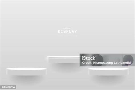 흰색 사실적인 3d 실린더 연단이 떠 있거나 벽에 매달려 있는 흰색 최소 벽 장면 제품 디스플레이 프리젠테이션 또는 모형3d 벡터 렌더링을 위한 디자인 강단에 대한 스톡