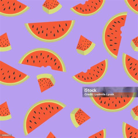 수박 원활한 패턴입니다 보라색 배경에 흩어져 있는 수박 조각들 플랫 스타일의 벡터 그림입니다 수박에 대한 스톡 벡터 아트 및