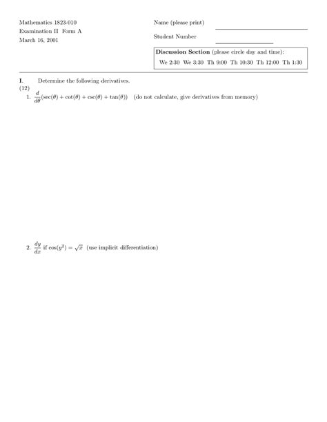 Questions Of Calculus And Analytic Geometry I Exam 2 Math 1823 Docsity