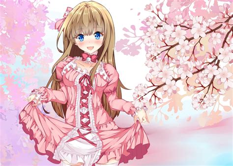 Blue Eyes Blush Brown Hair Cherry Blossoms Dress Flowers Lolita Fashion