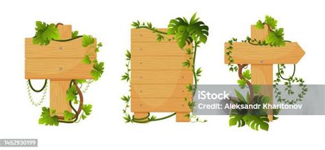 이국적인 크리퍼 식물 세트 벡터 플랫 나무 광고판 표지판이 있는 나무 명판 소박한 배너 0명에 대한 스톡 벡터 아트 및 기타